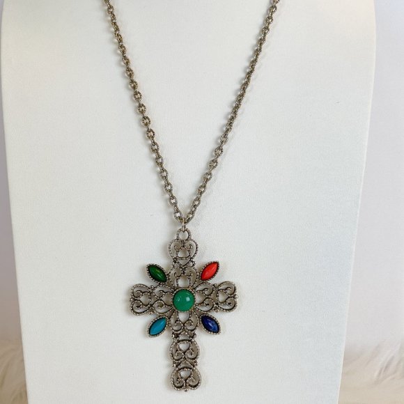 Avon | Jewelry | Vintage Cross Necklace Avon Silver Tone Cabochon Boho ...